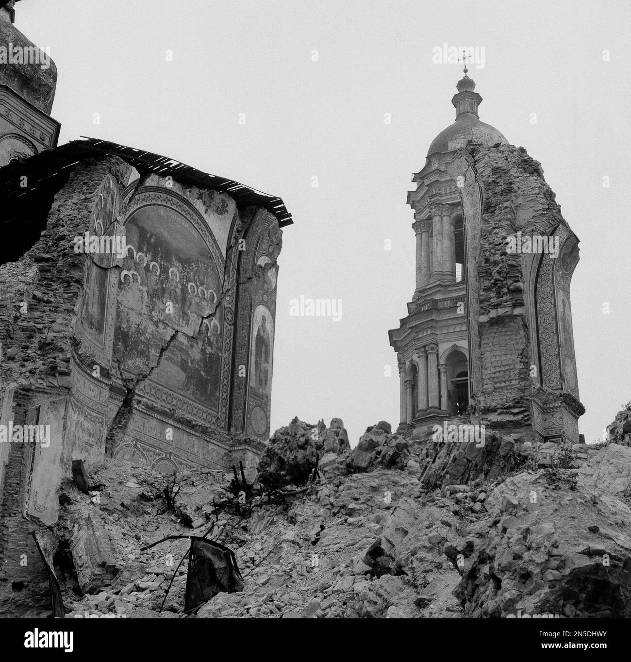 Ruins of the ancient Uspensky Cathedral in the Lavra monastery complex ...