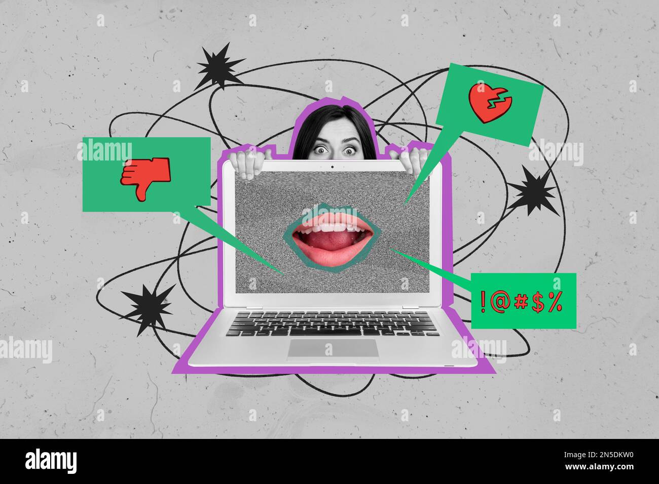 Creative magazine poster collage of scared influencer lady blogging ...