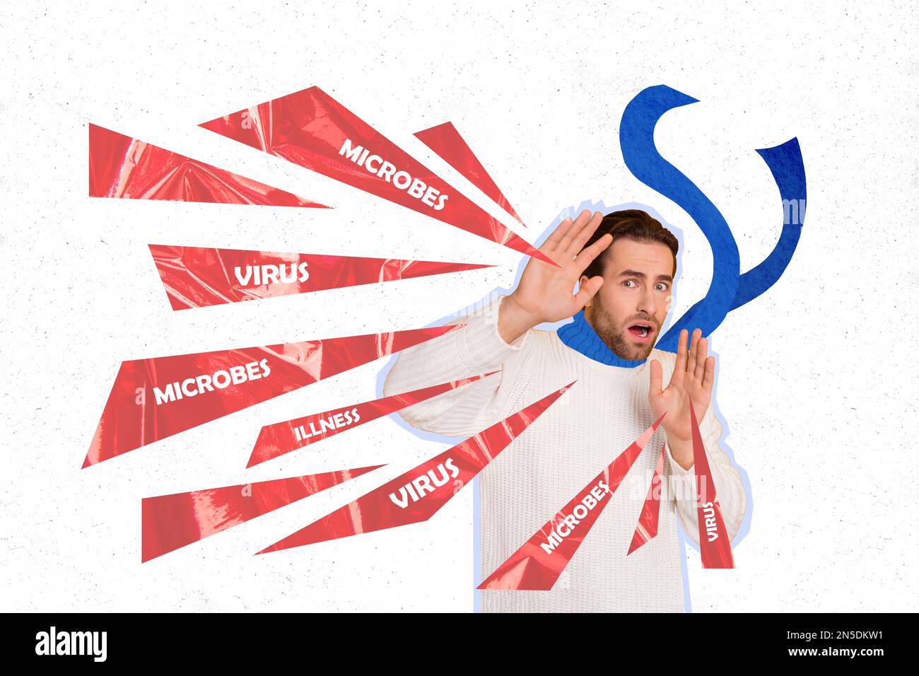 Health care collage template of scared guy avoid virus bacteria illness ...