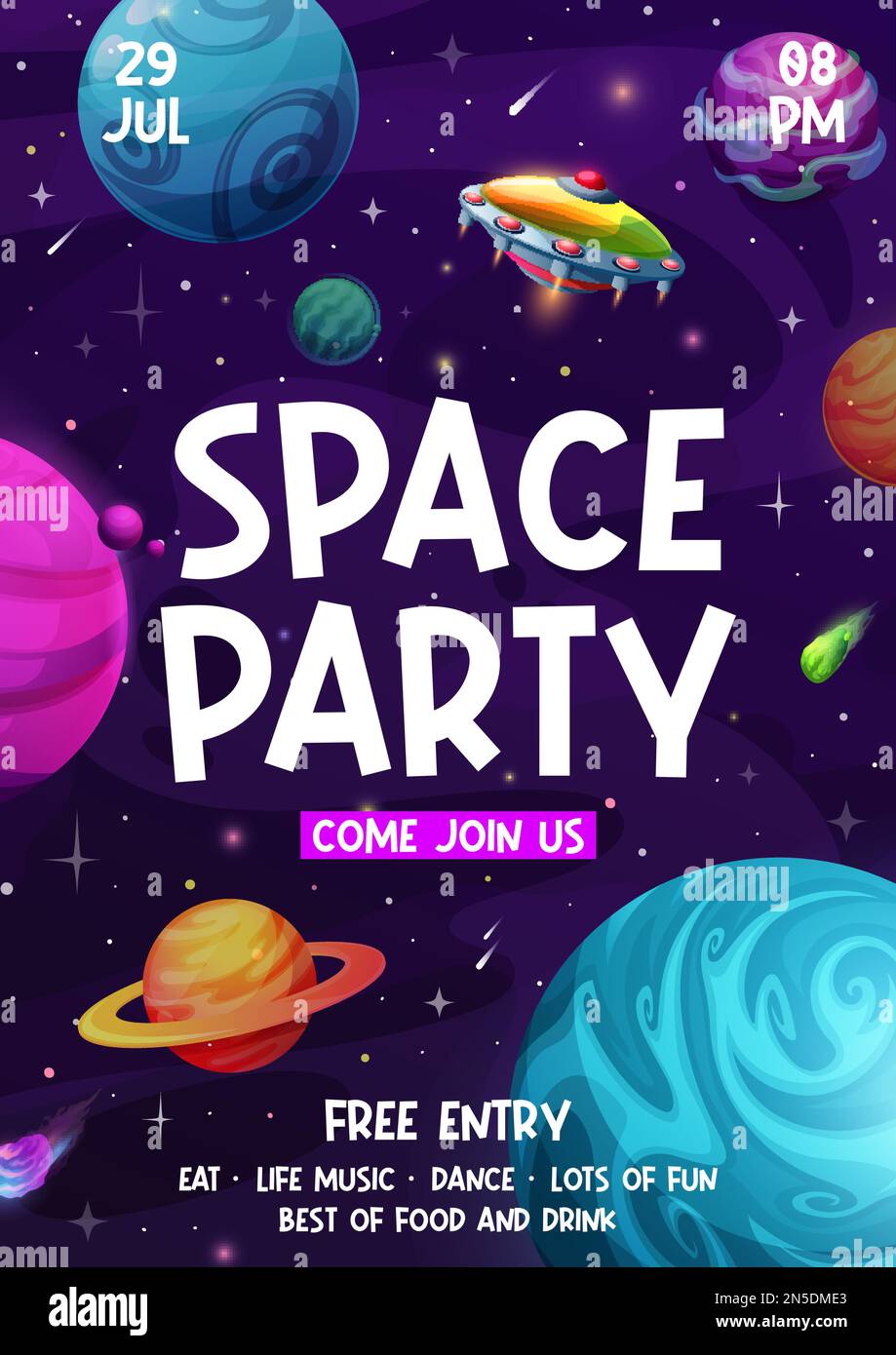 Space party flyer cartoon galaxy stars, planets and ufo. Vector ...