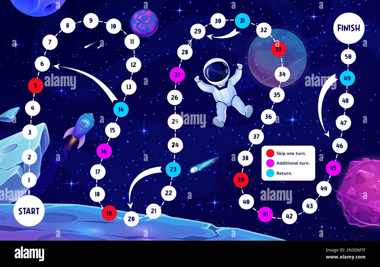 Step board game, galaxy space, astronaut, rocket and planets. Kids ...