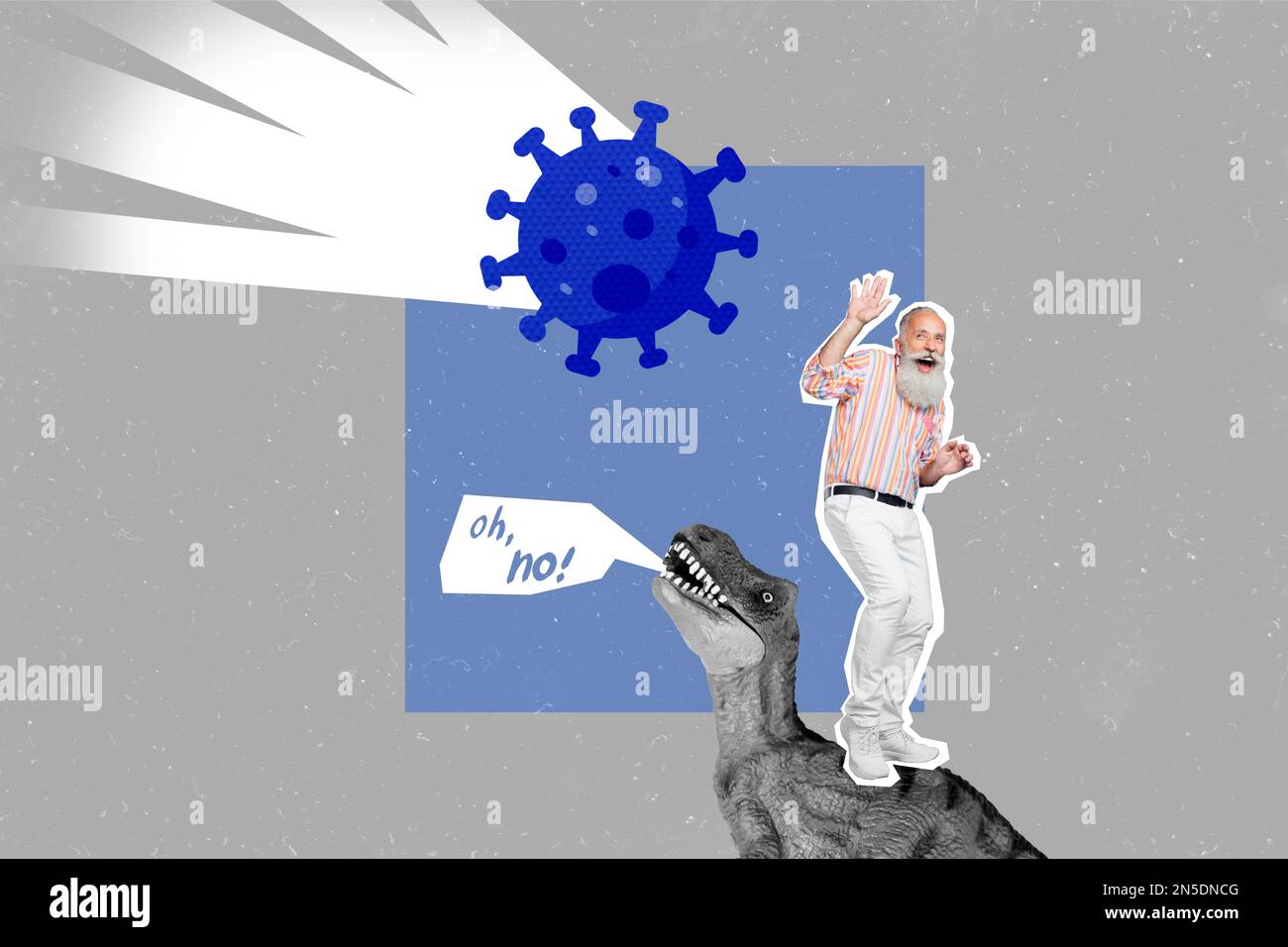 Weird healthcare banner collage of scared matured man stand dinosaur ...