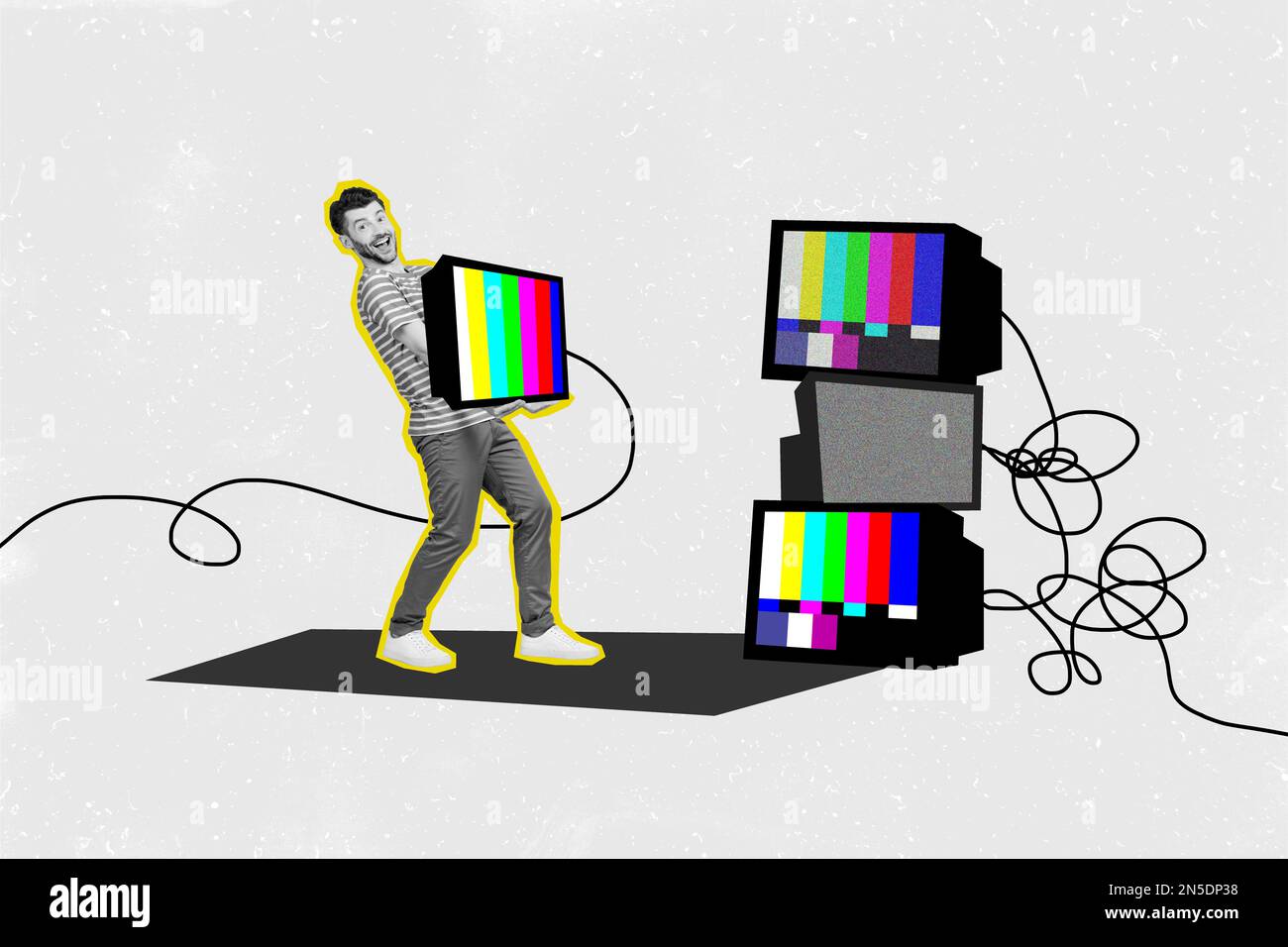 Creative magazine picture collage of young guy carry broken television ...