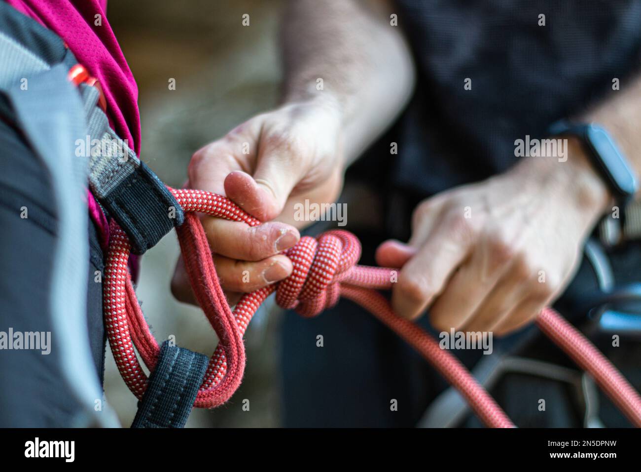 An alpinist tying a rope on his climbing equipment Stock Photo - Alamy