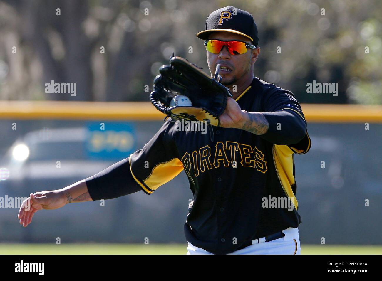Pittsburgh Pirates' Jose Tabata makes a catch during an outfield drill ...