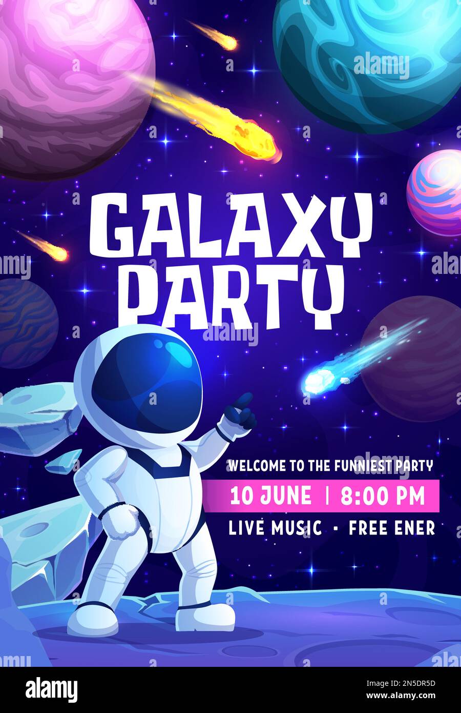 Galaxy party flyer, astronaut and space landscape with planets or stars ...