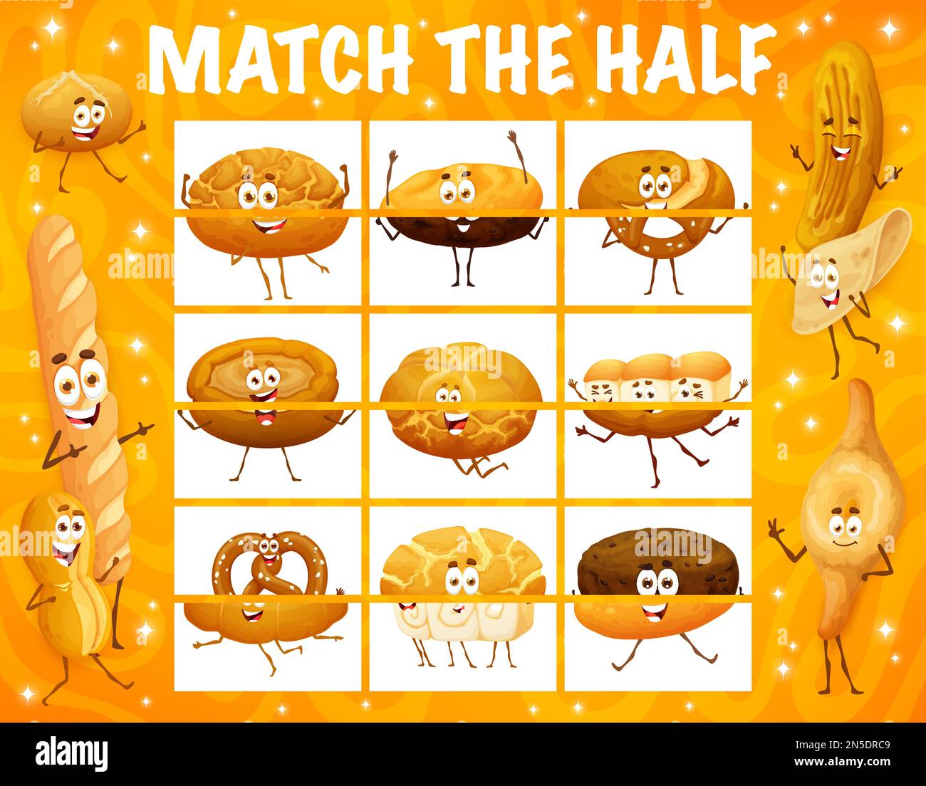 Match the half of cartoon bakery, pastry and bread characters. Piece or ...