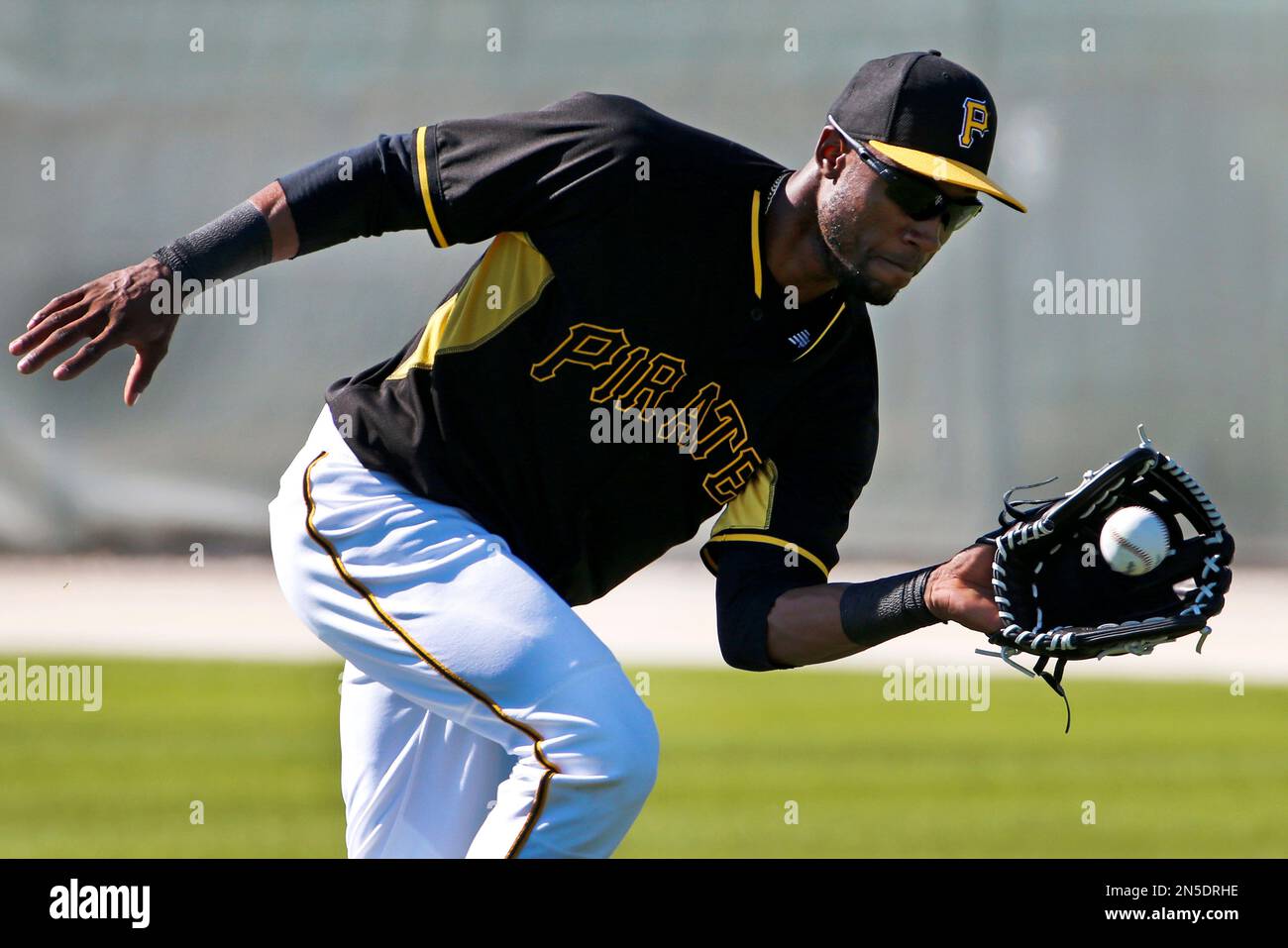 Pittsburgh Pirates' Starling Marte makes a catch during an outfield ...