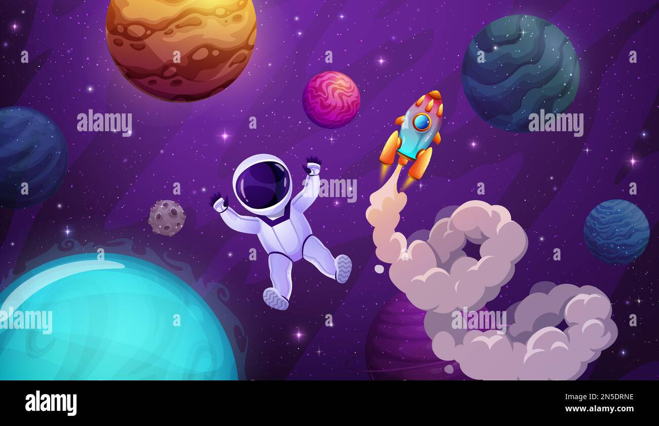 Cartoon astronaut, planets and outer space landscape. Vector funny ...