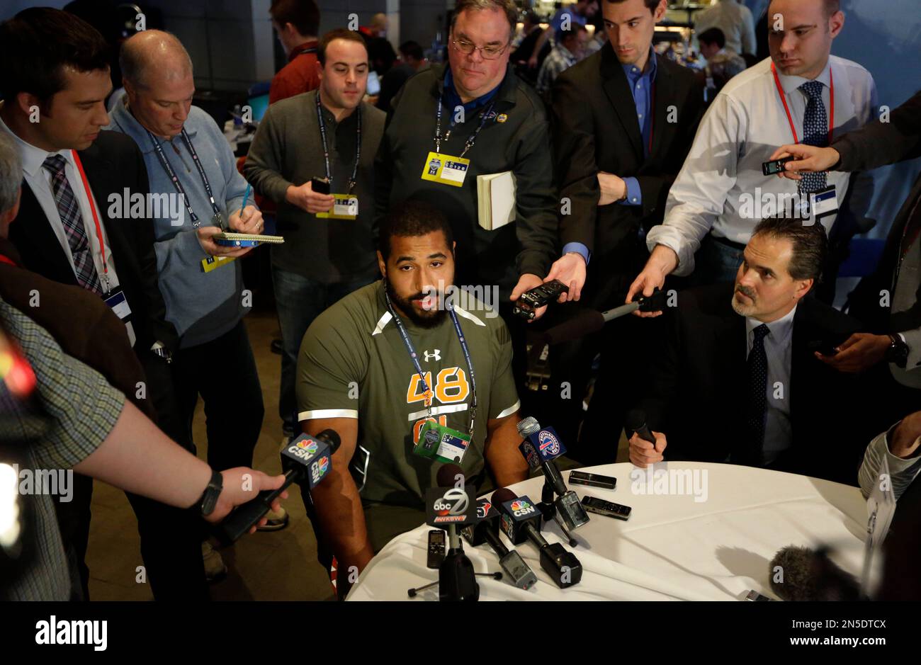Penn State offensive lineman John Urschel answers a question during a ...