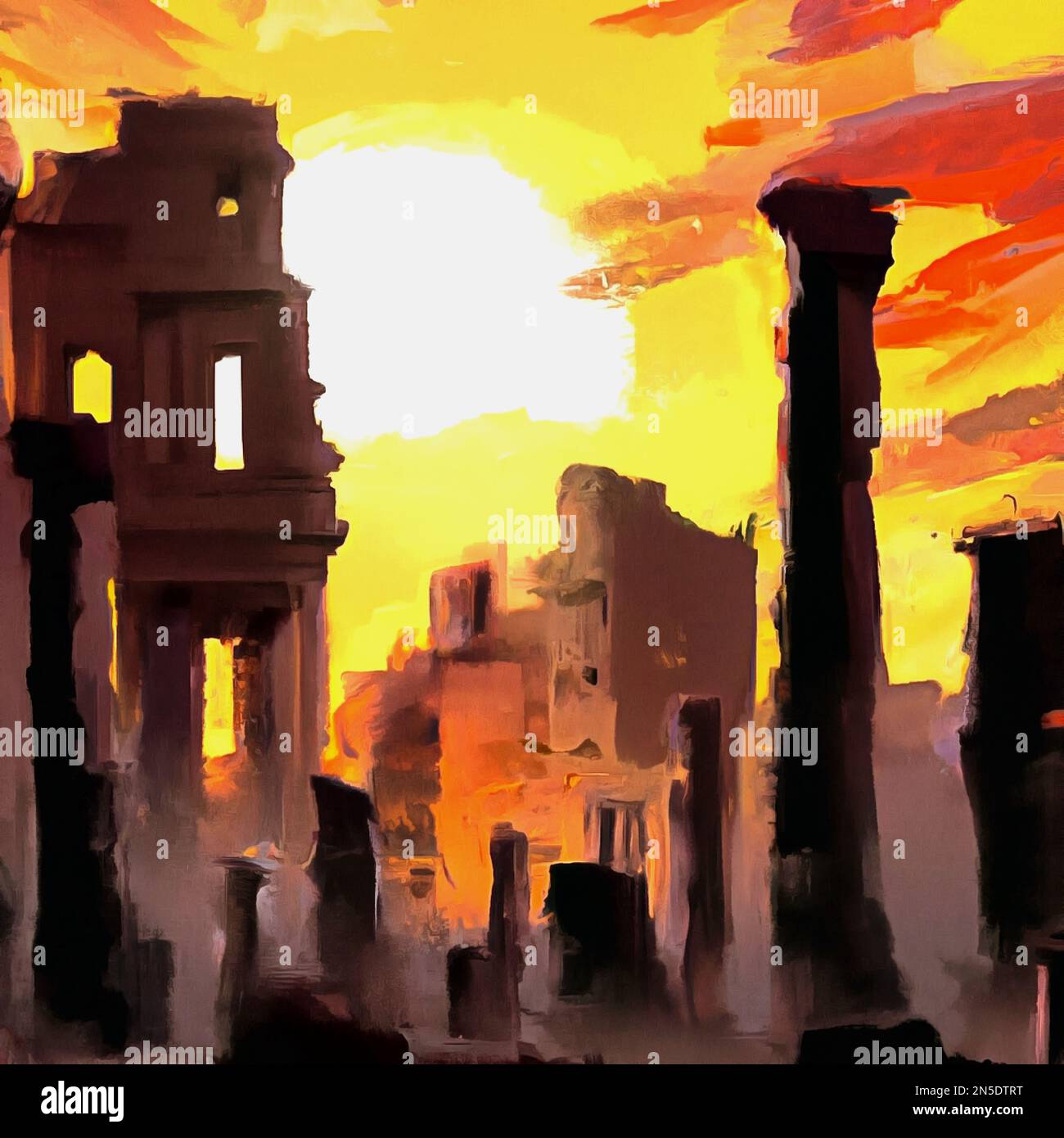 Illustration ruined city sunset digital art painting Stock Photo - Alamy