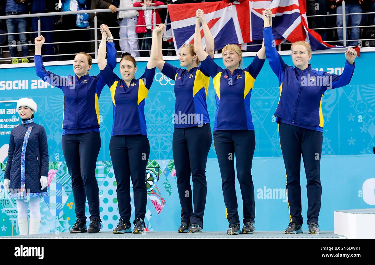 Sweden's women's curling team from left to right, Agnes Knoehenhauer ...