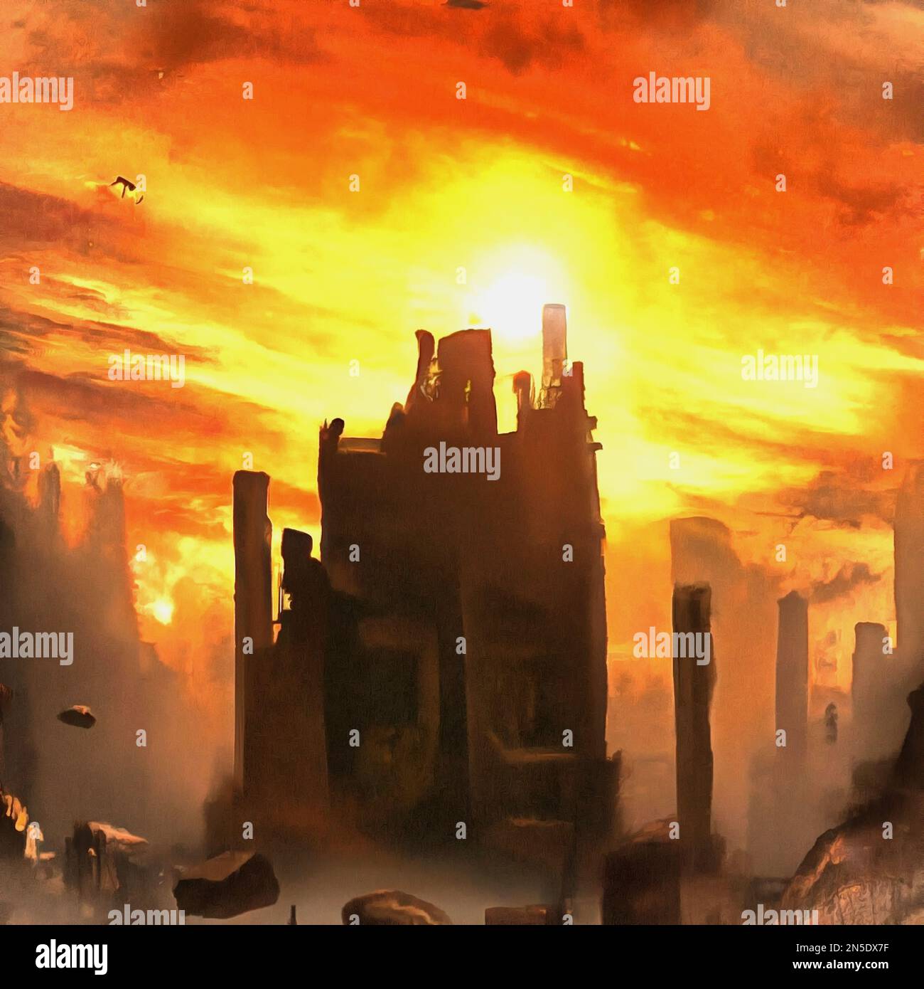 Illustration ruined city sunset digital art painting Stock Photo - Alamy
