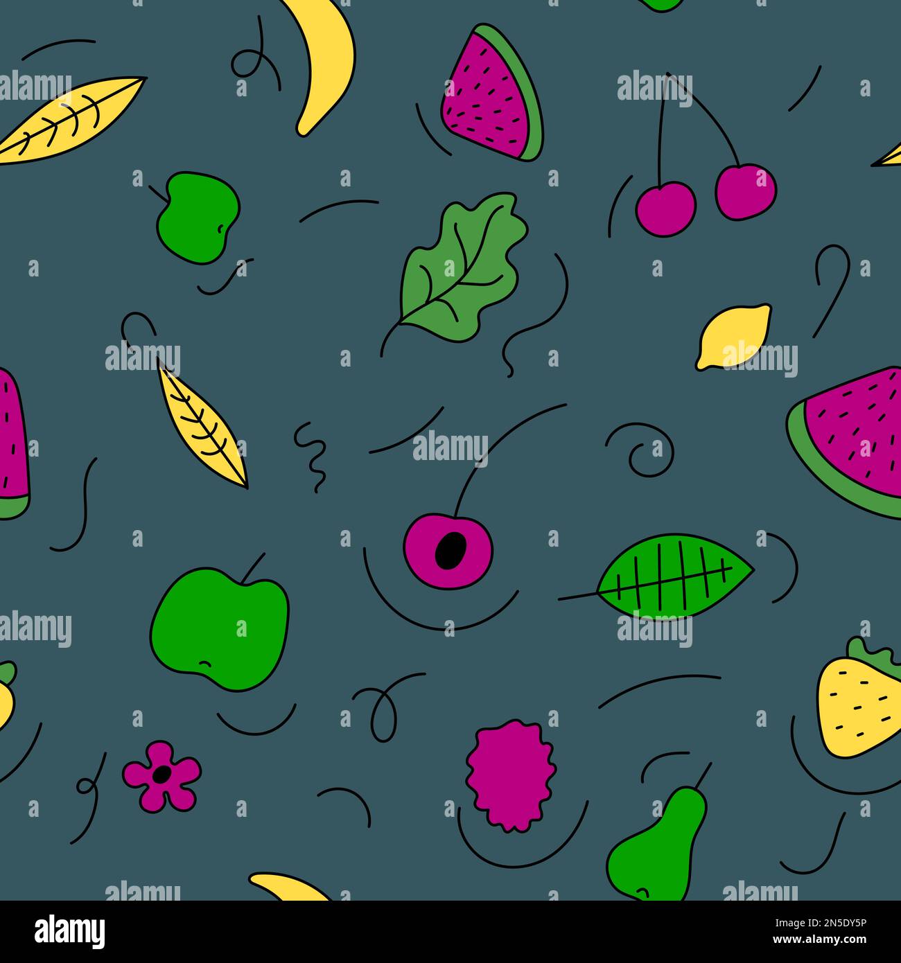 Seamless pattern with hand drawn fruits and abstract lines on dark ...