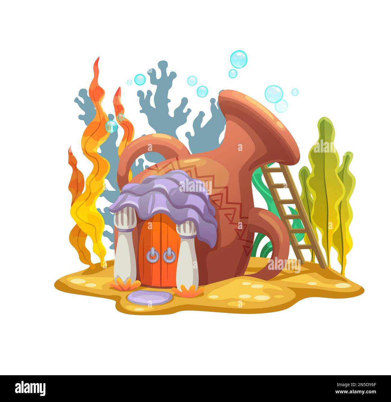 Cartoon underwater greek vase amphora fairy house. Vector mermaid ...