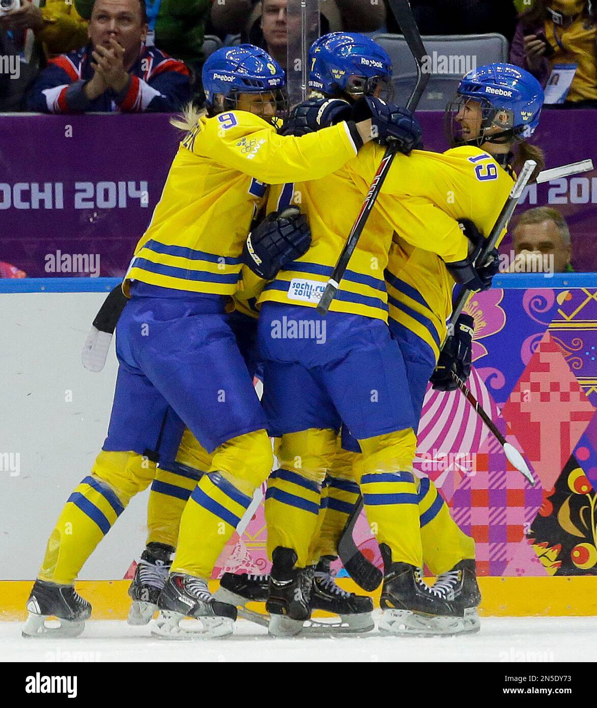 Team Sweden celebrates a goal against Switzerland during the first ...