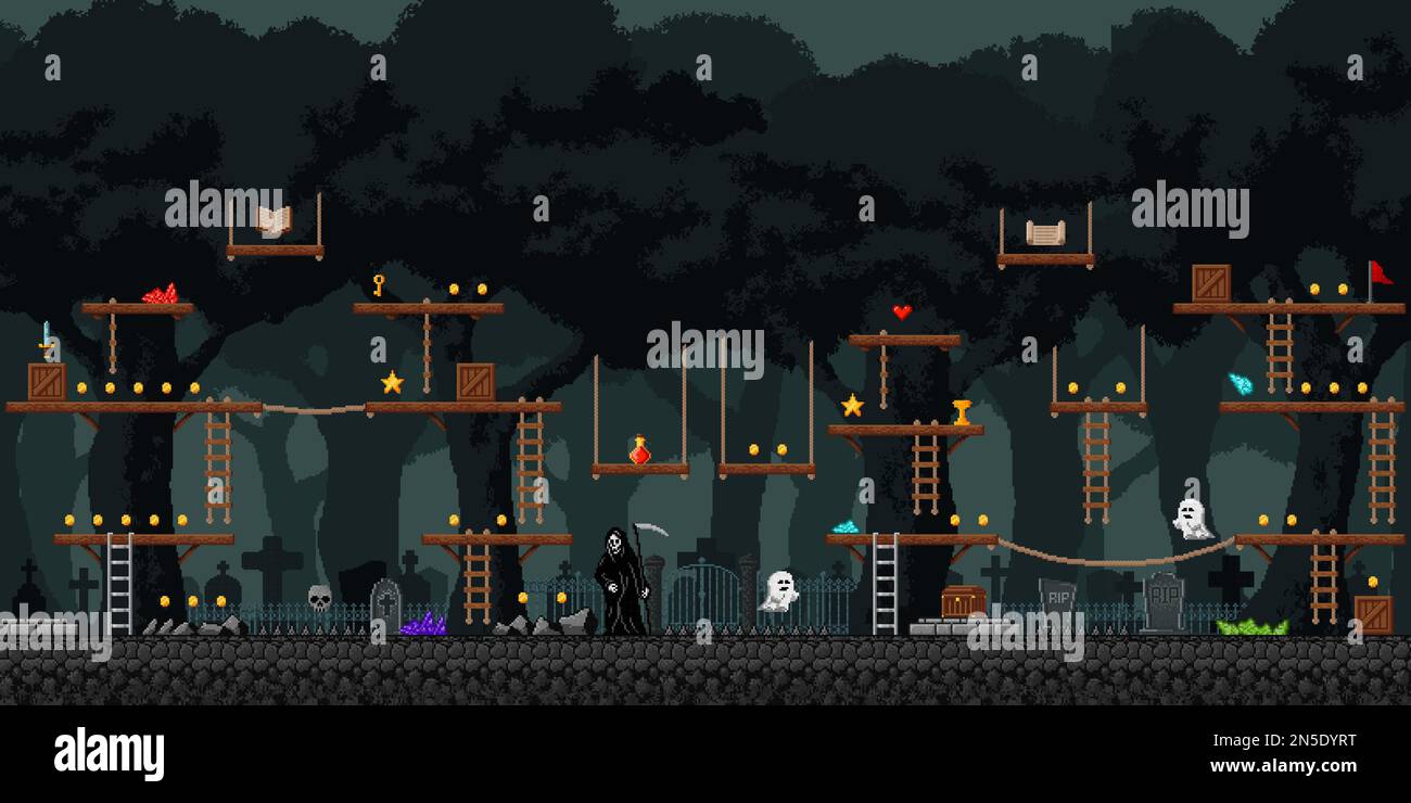 Night forest and cemetery game level screen interface. Computer game ...