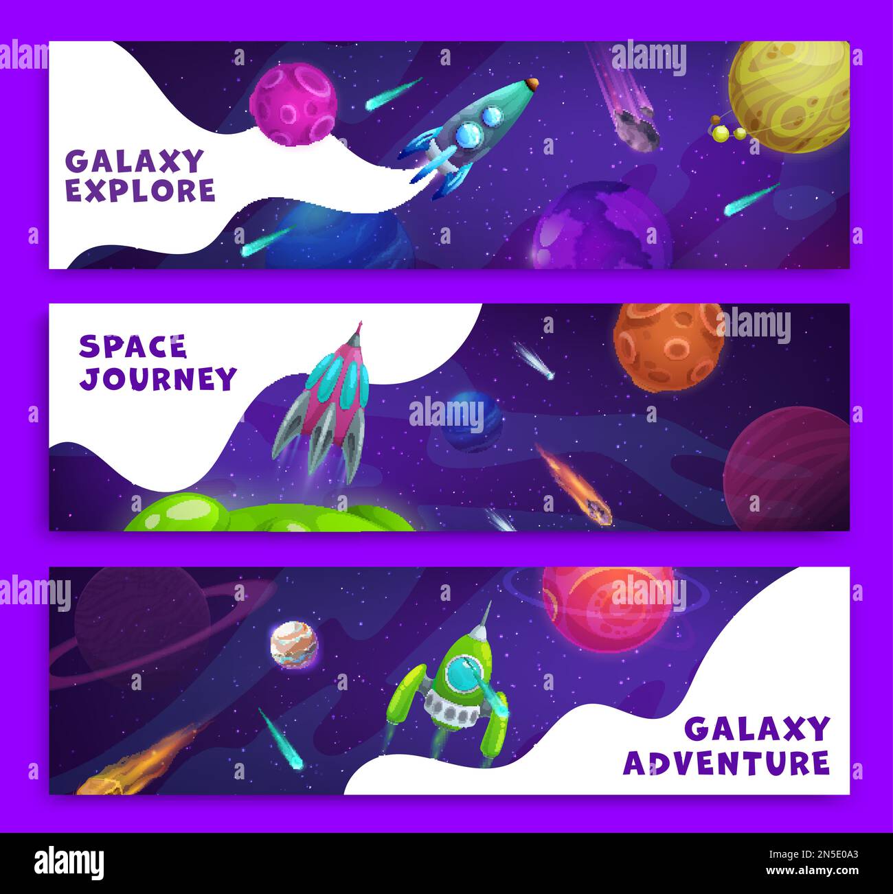 Cartoon space banners, vector horizontal cards with rockets in starry ...