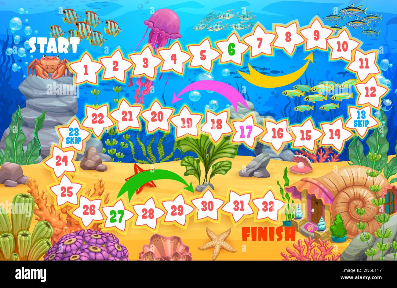 Kids board game underwater landscape and cartoon animals. Vector ...