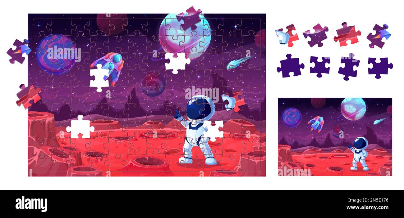 Cartoon astronaut on space planet. Jigsaw puzzle game pieces. Shape ...