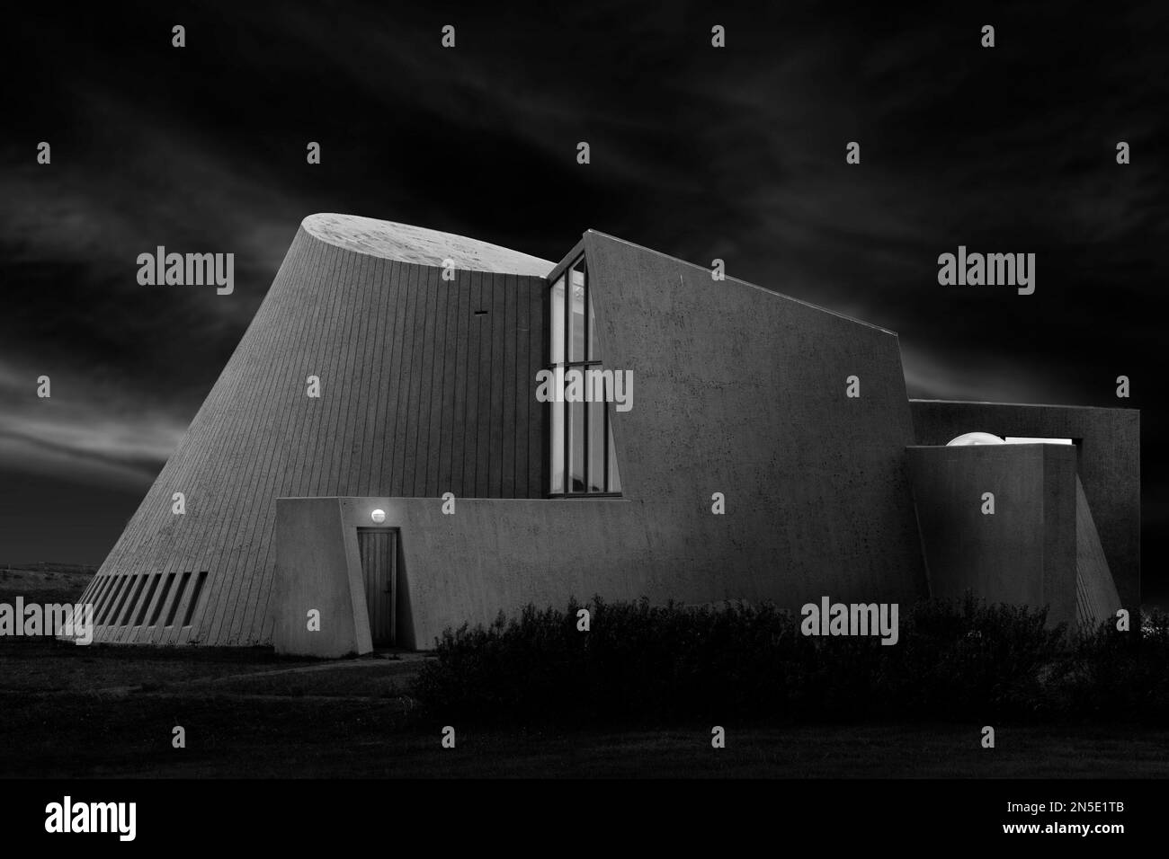 A closeup grayscale of a modern church building in Northern Iceland in ...
