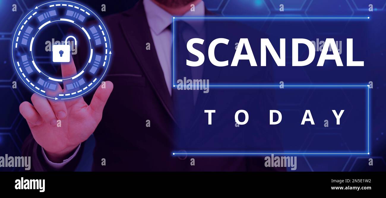 Sign displaying Scandal. Concept meaning an action or event regarded as ...