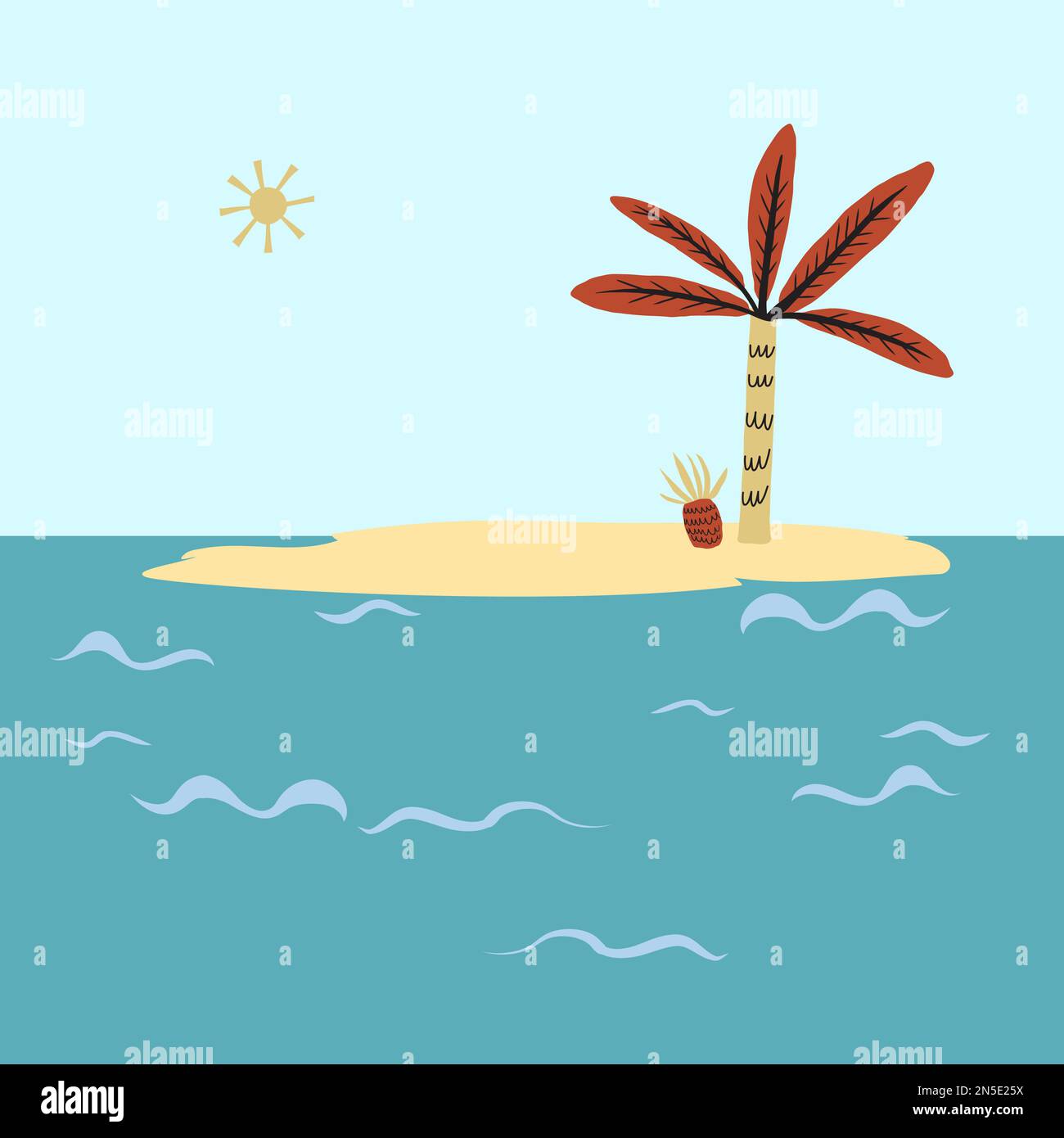 Summer sun marine background. Tropical island and palm with few colors ...