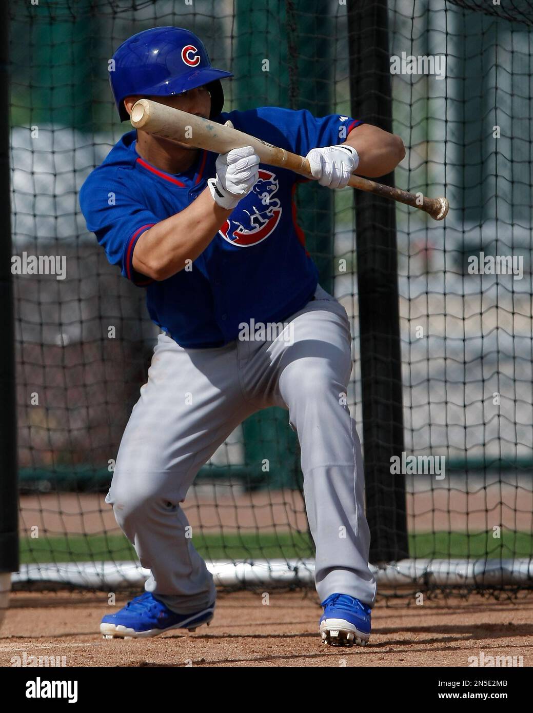 Chicago Cubs second baseman Darwin Barney (15) takes bunting practice ...
