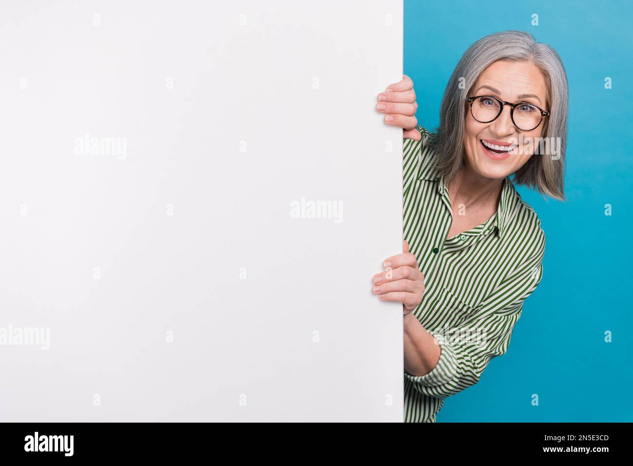 Photo advertisement poster of mature aged senior promoter marketer lady ...