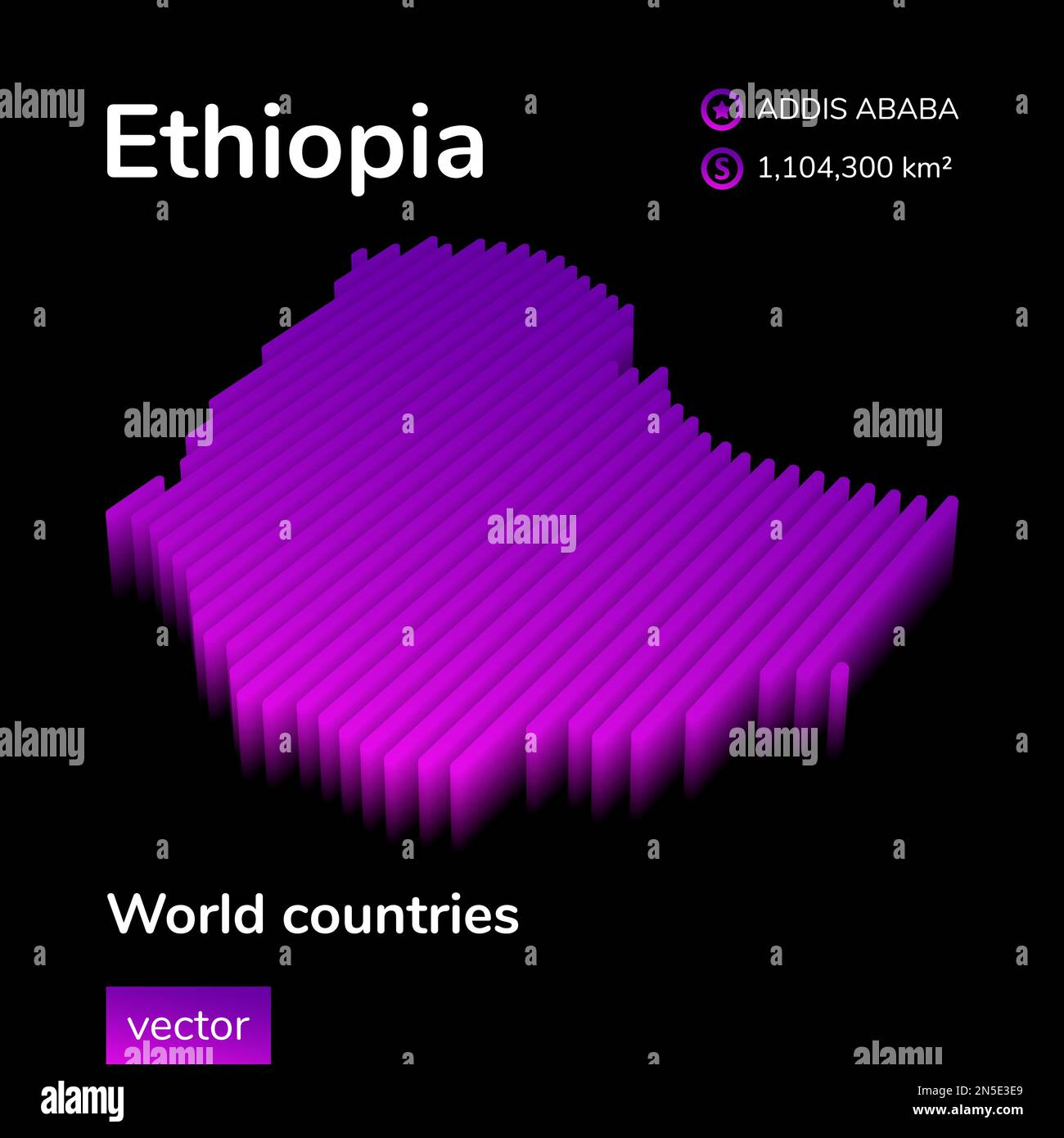 Ethiopia 3D map. Stylized isometric striped vector map in violet colors ...