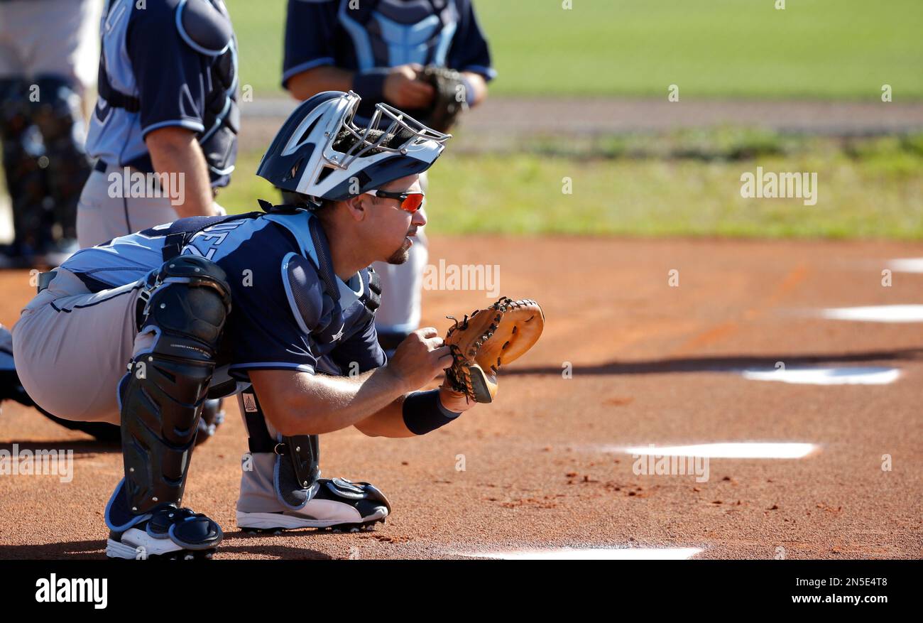 Tampa Bay Rays catcher Eddy Rodriguez takes a stance in the bullpen ...