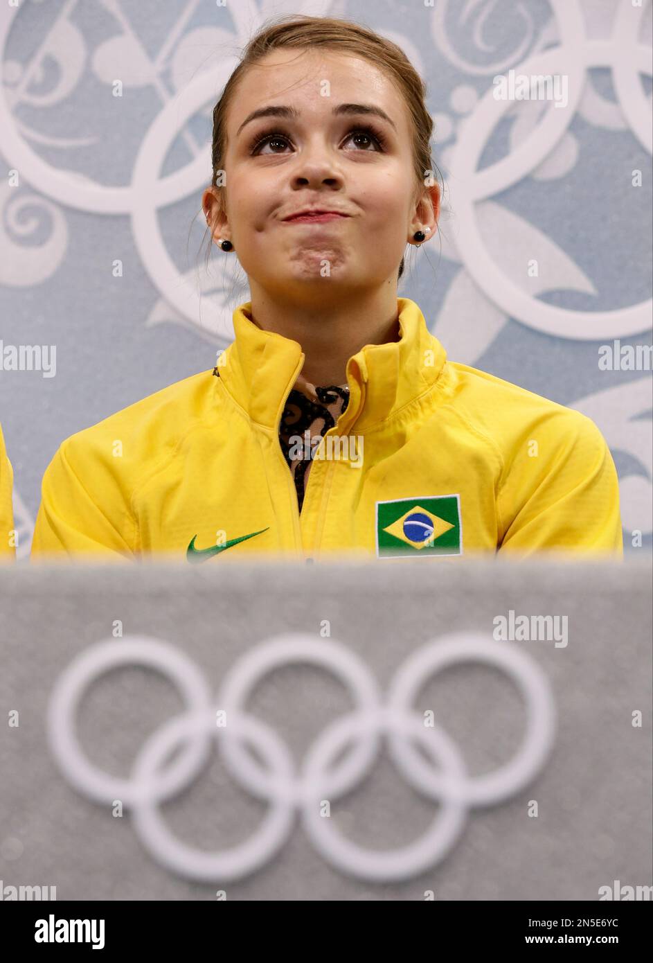 Isadora Williams of Brazil reacts as she waits in the results area ...
