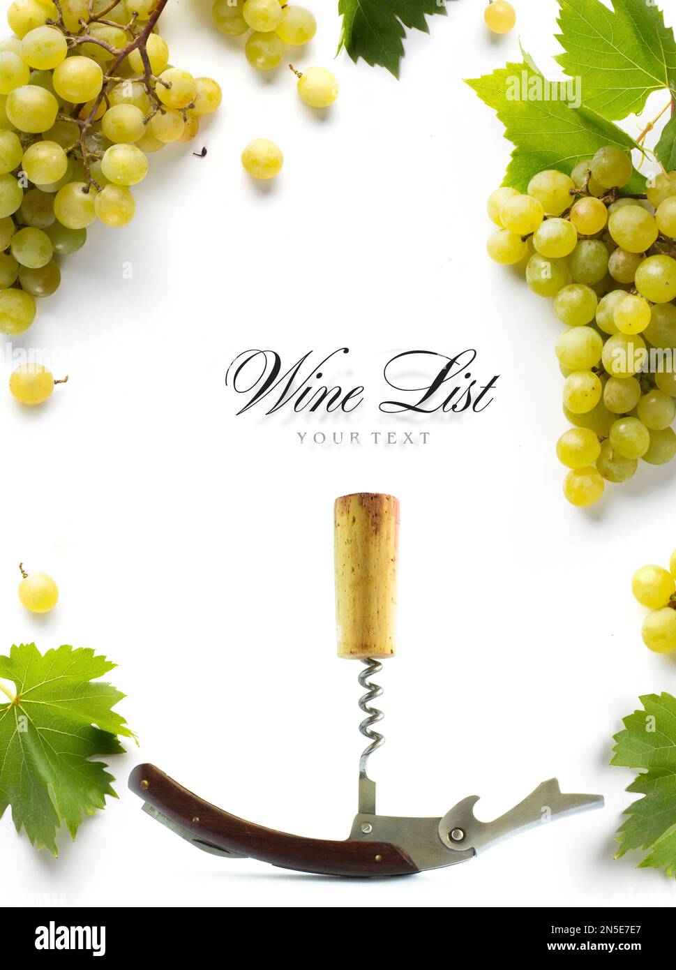 wine list or wine card design background; sweet white grapes and bottle ...