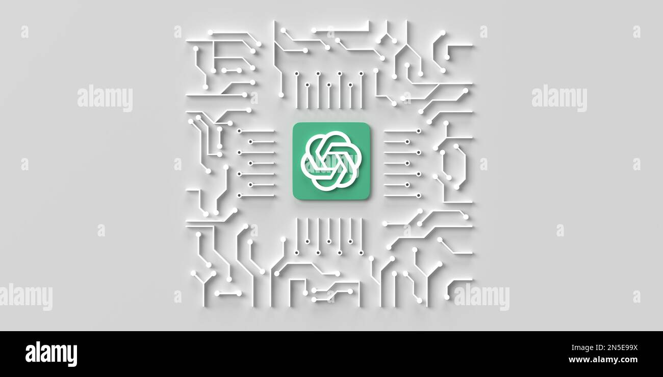 OpenAI logo on white geometric CPU background, copy space. 3d rendering ...