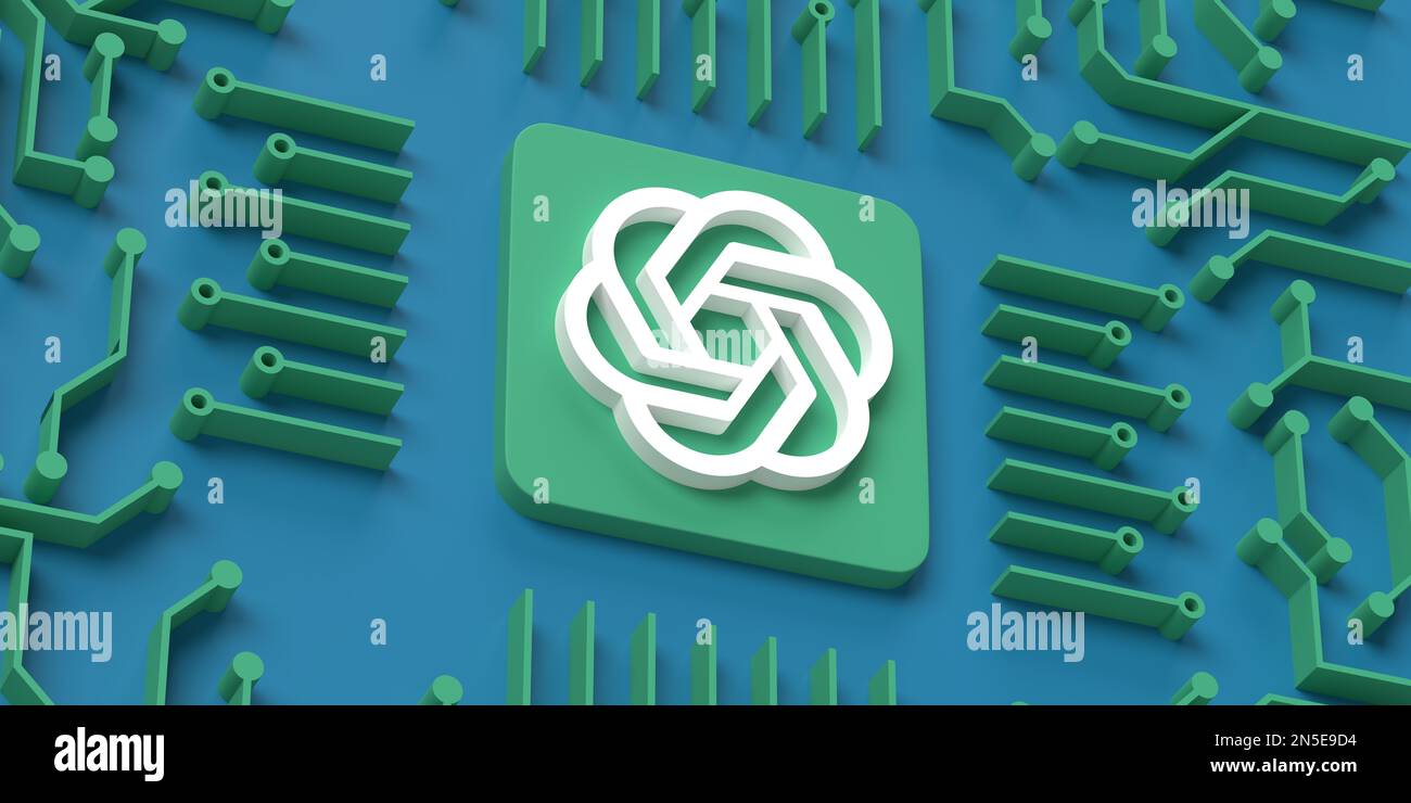 green OpenAI logo on geometric CPU blue background, copy space. 3d ...
