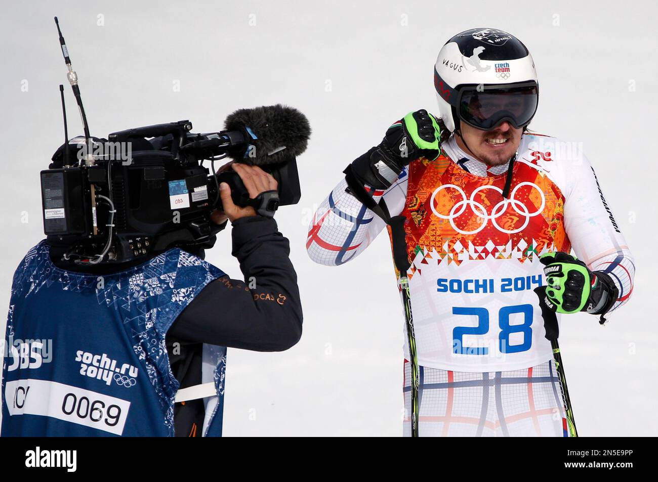 Czech Republic's Ondrej Bank reacts after finishing the first run of the men's giant slalom at ...