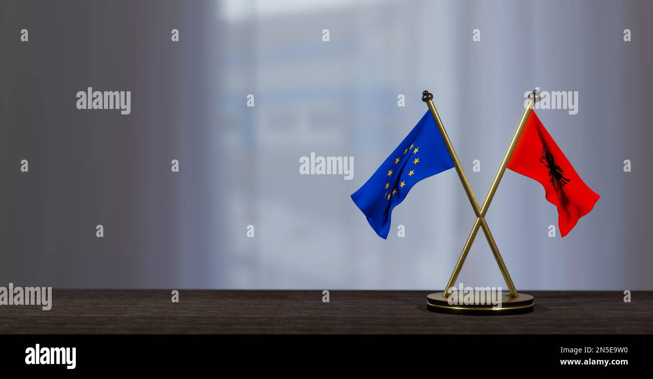 Albania and Europe flags on table. Negotiation between Albania and EU ...