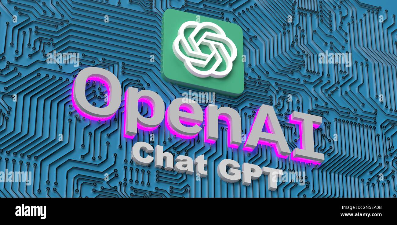 Pink OpenAI logo ChatGPT text on geometric CPU blue background, copy space. 3d rendering ...