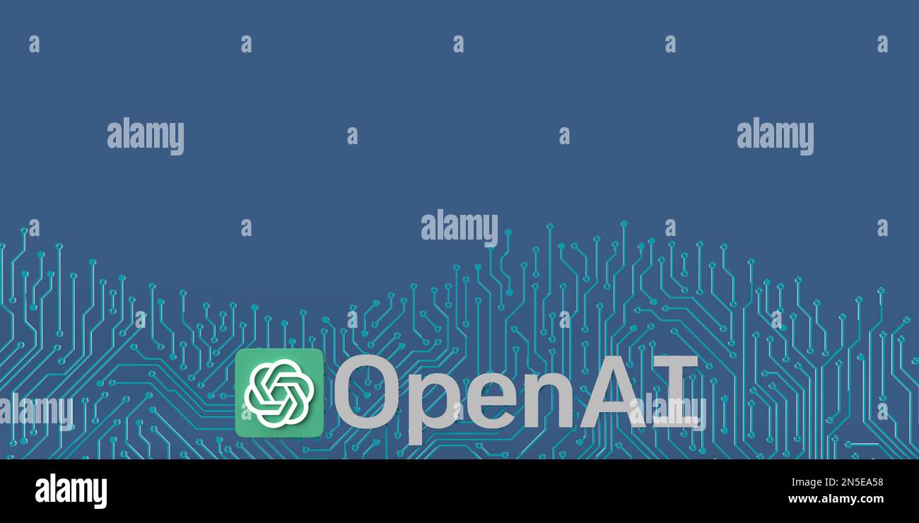 OpenAI logo on geometric CPU blue background, copy space. 3d rendering ...