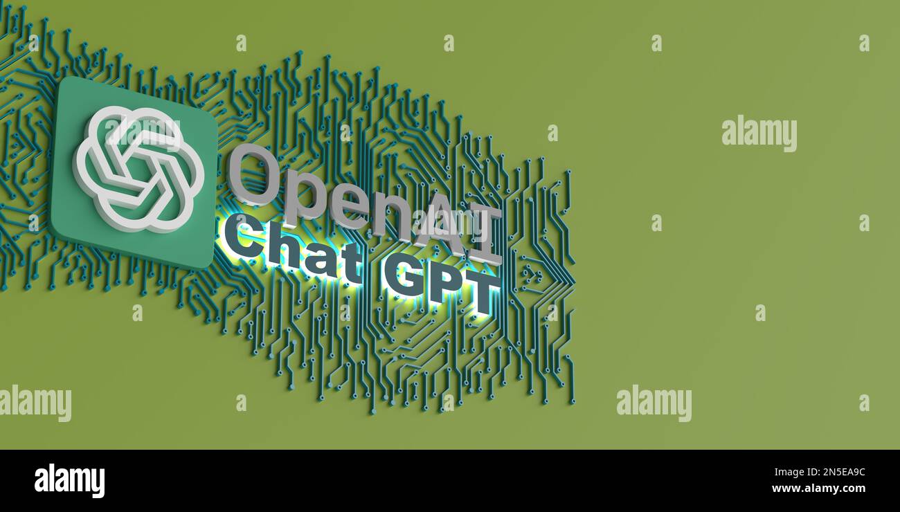 OpenAI logo ChatGPT text on geometric green background, copy space. 3d ...