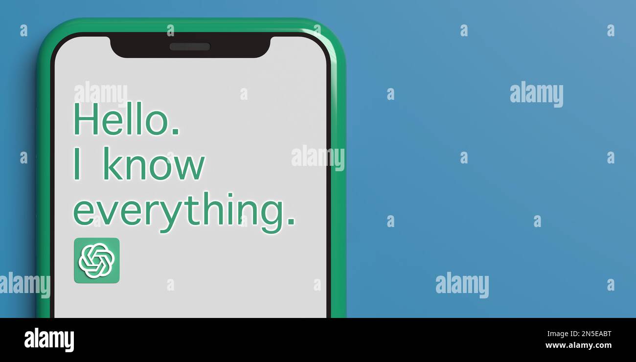 ChatGPT HELLO I KNOW EVERYTHING text, OpenAI logo phone screen ...