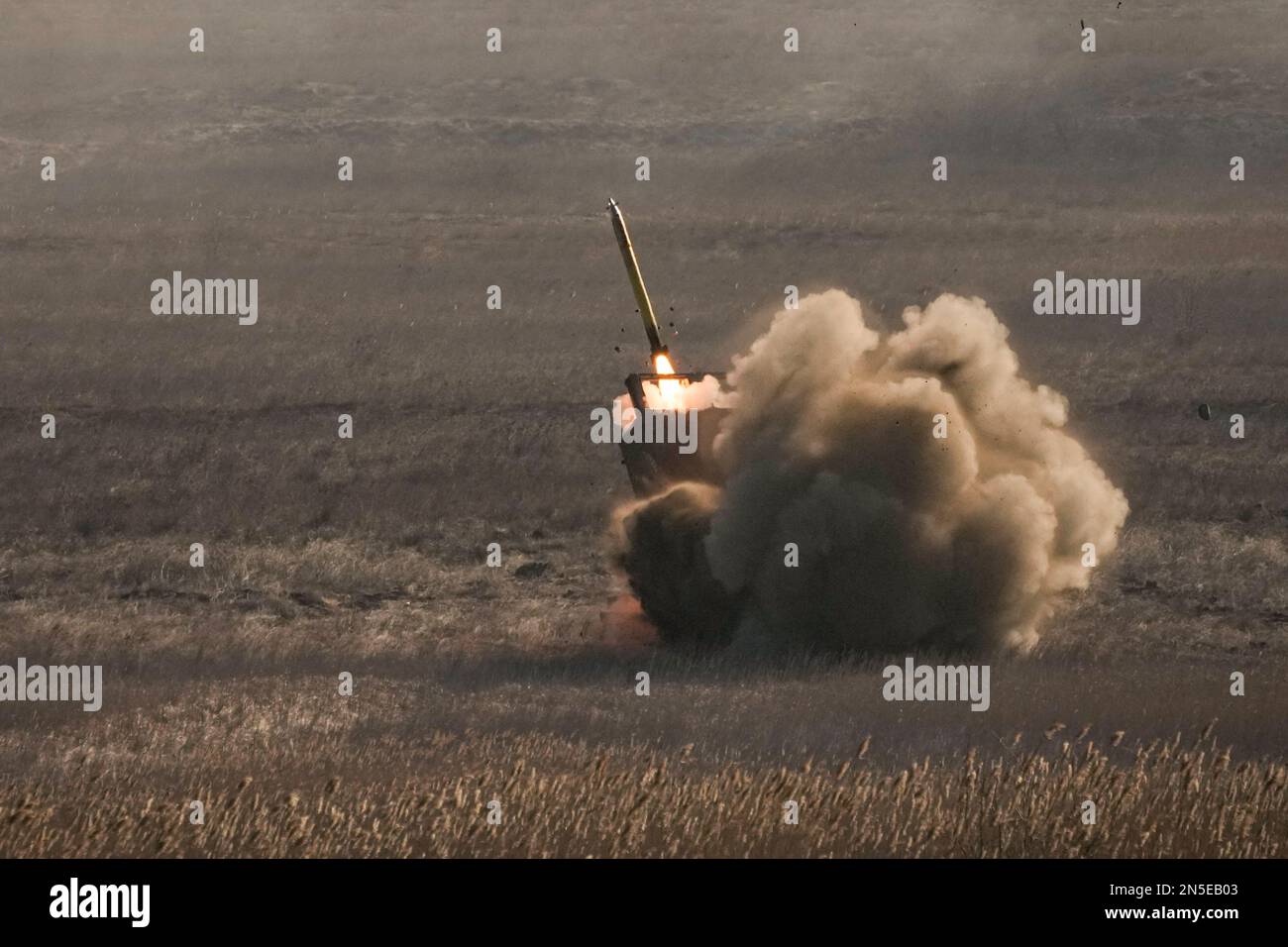 A rocket is launched from a French MLRP system during a joint French US ...