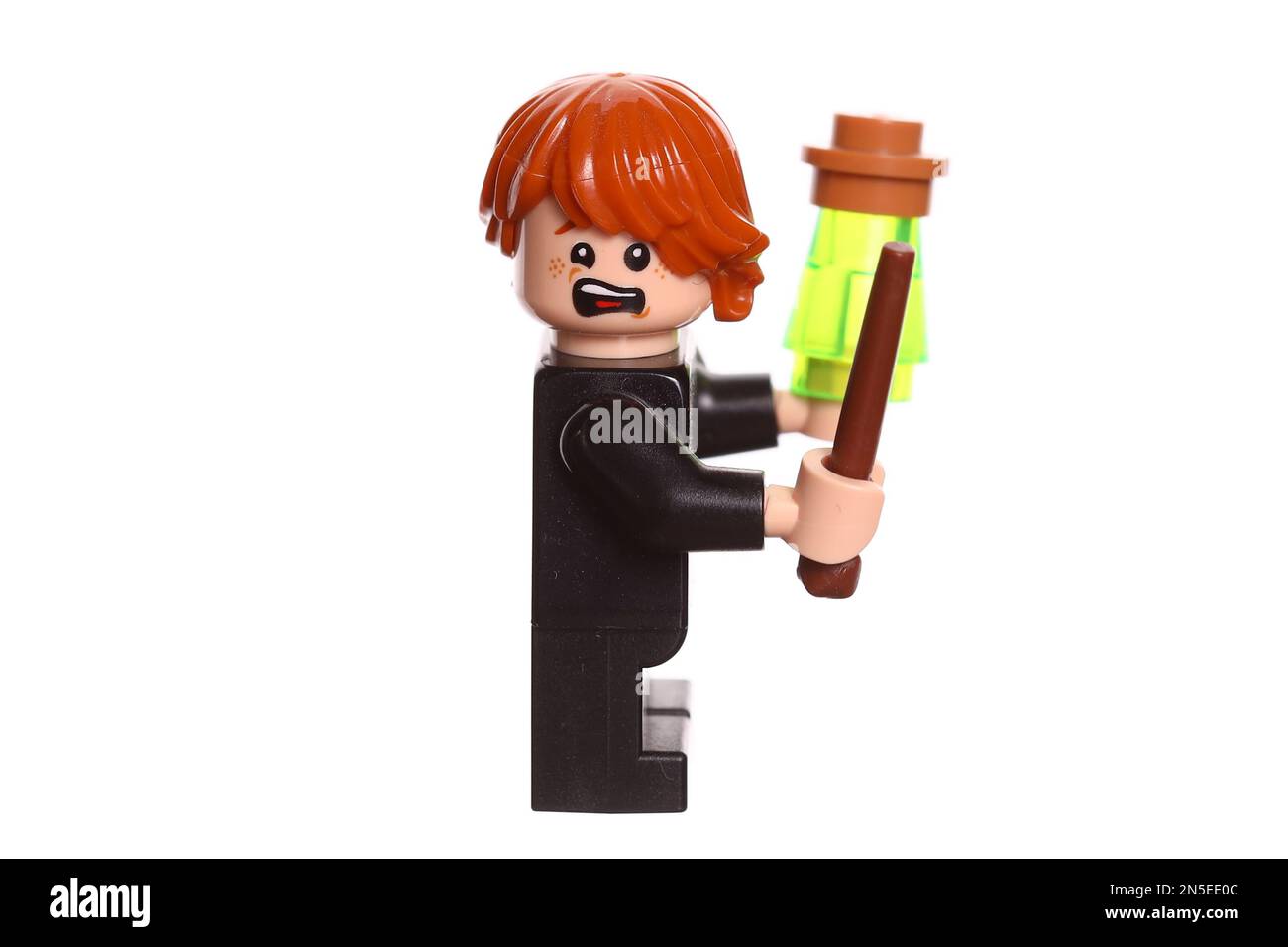 Russia Vyborg 01.22.2023 Lego figure Ron Weasley with a magic wand ...