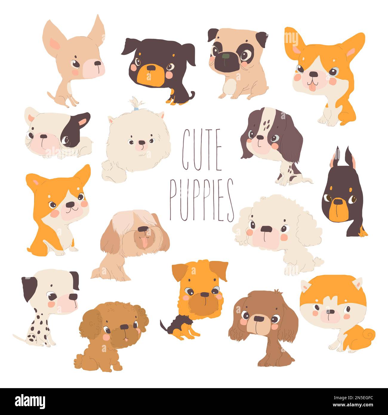 Cartoon Set with Funny Puppies on White Background Stock Vector Image ...