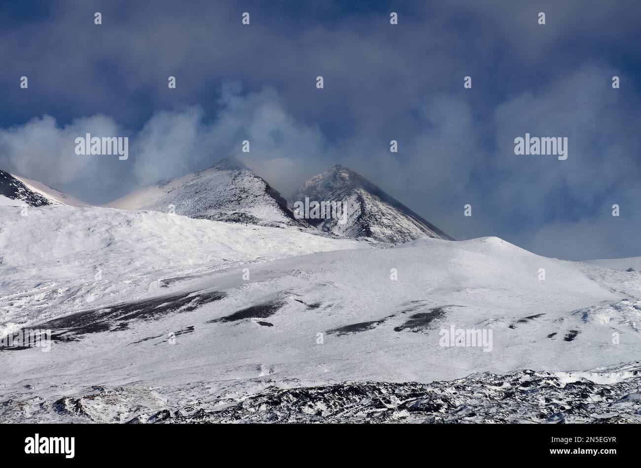 Mount Etna volcanic eruption from South-East Crater in winter Sicily ...