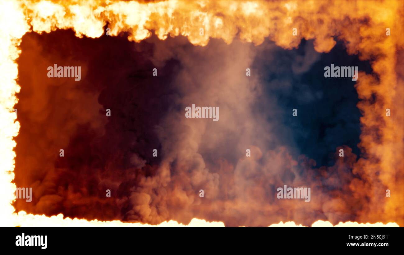 burning fire lines screen frame on smoke backdrop - abstract 3D ...