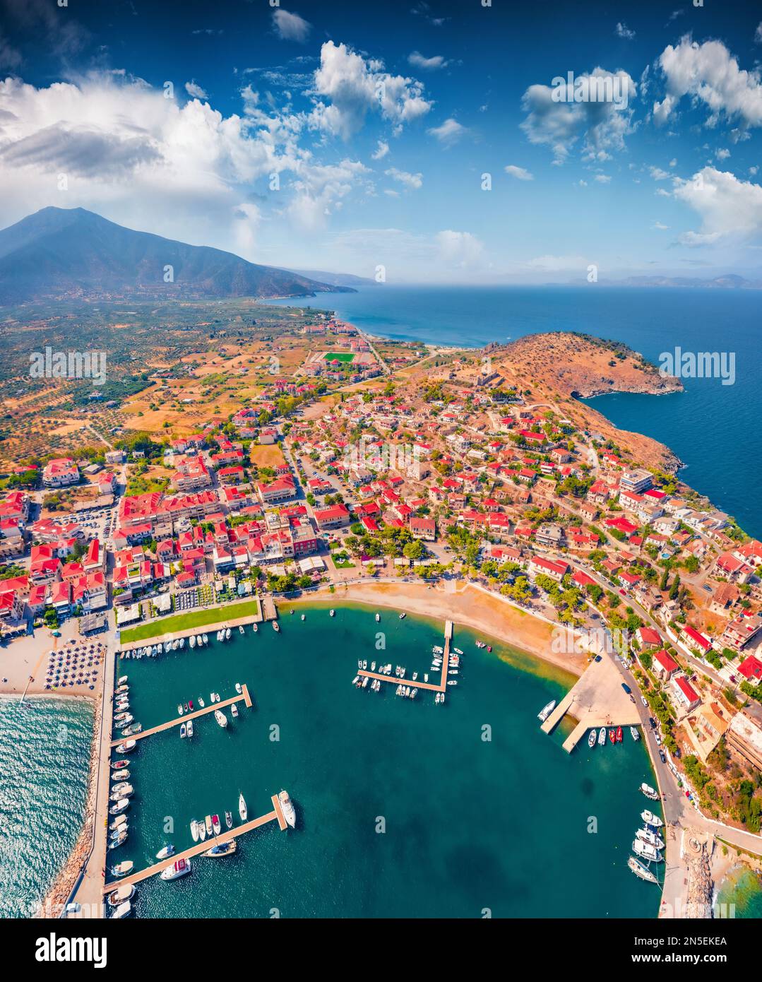 Splendid view from flying drone of Astros port. Beautiful morning ...