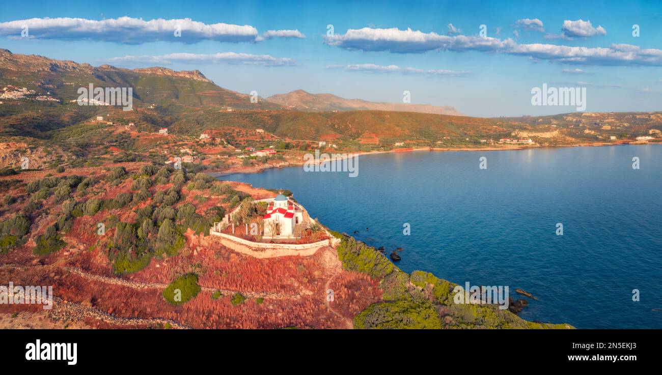 View from flying drone of Agia Paraskevi Church. Attractive evening ...