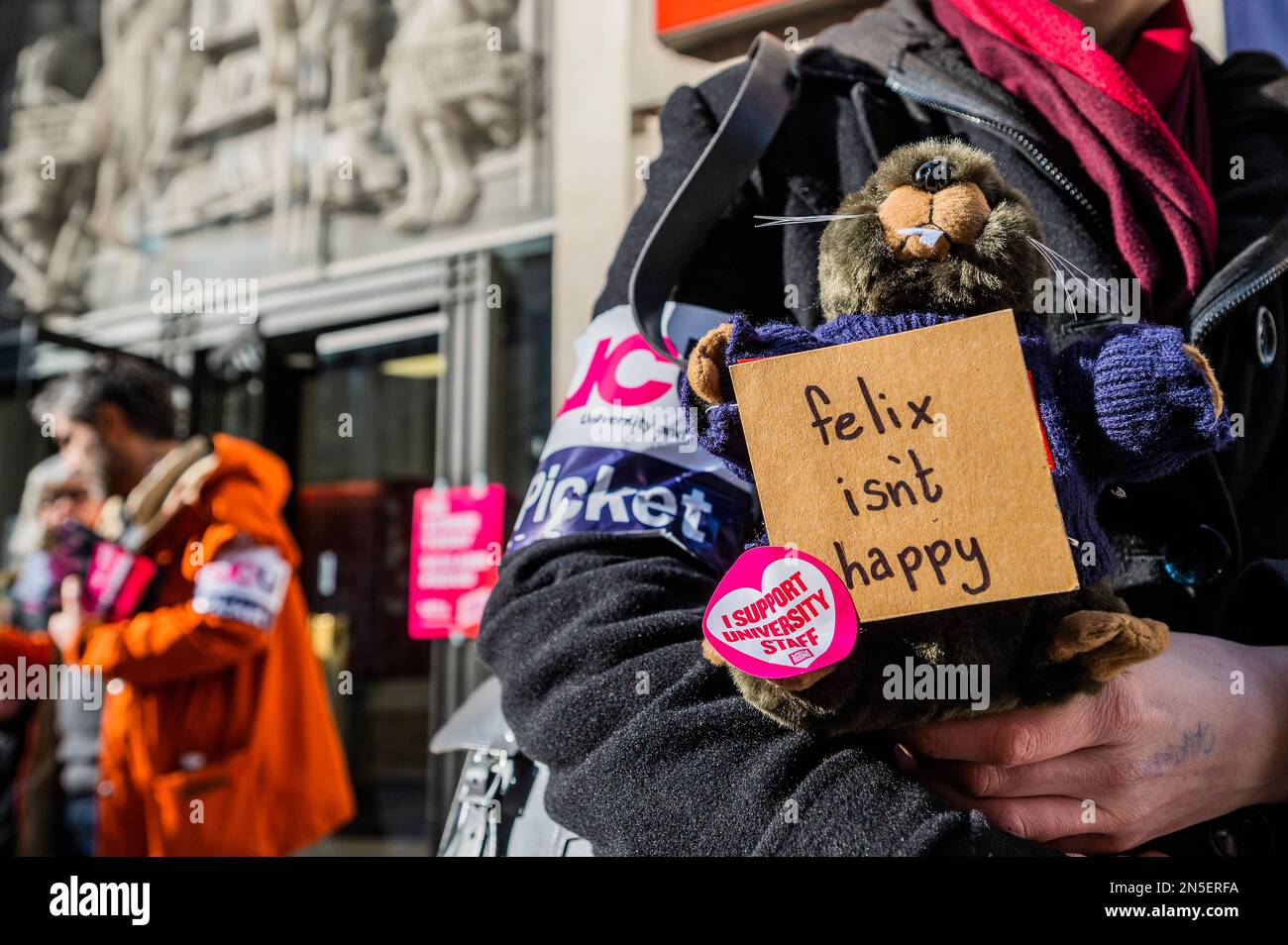 London, UK. 9th Feb, 2023. Felix (The LSE beaver mascot) is not happy ...