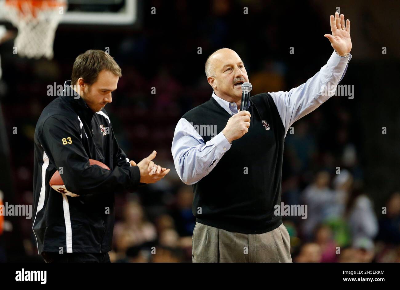 Boston College football head coach Steve Addazio, right, speaks to the ...